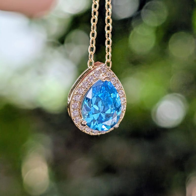 Floating Vintage Teardrop Blue Topaz Halo Pendant Necklace, Blue Topaz ...