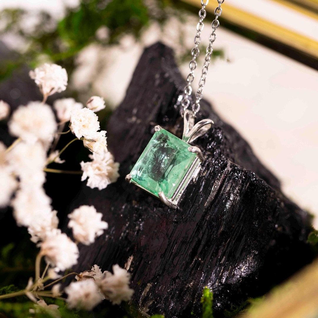Emerald Cut Emerald Doublet Necklace, Elegant Emerald Doublet Necklace ...