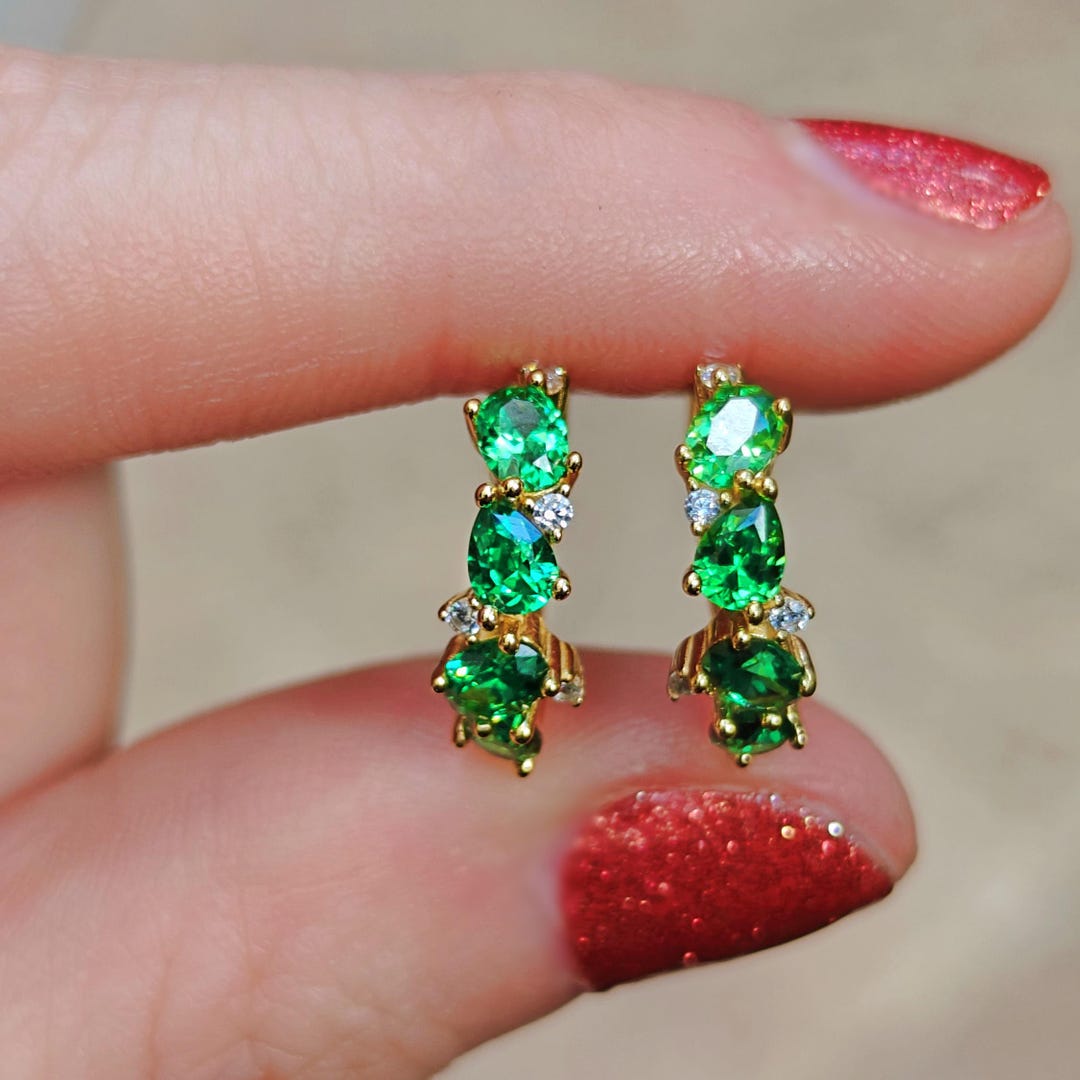 Emerald Hoop Earrings, Minimalist Hoop Emerald Earrings, 4 Stones ...