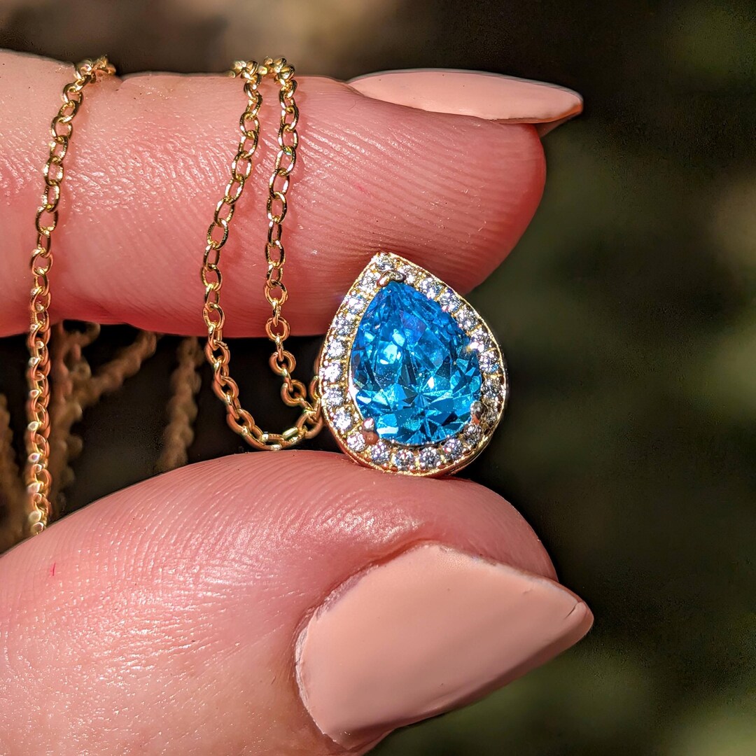 Floating Vintage Teardrop Blue Topaz Halo Pendant Necklace, Blue Topaz ...
