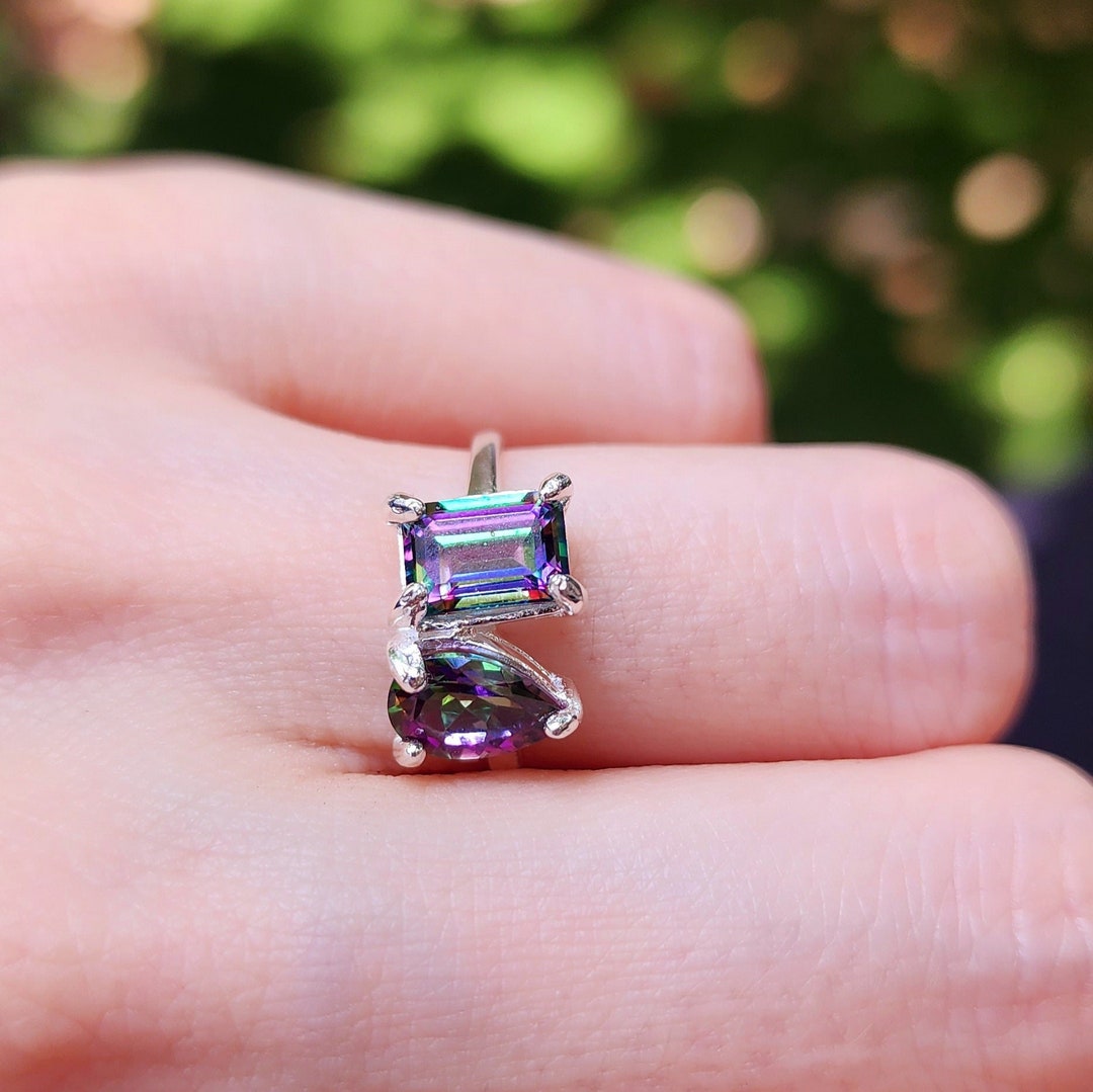 Alexandrite Ring, Two Stone Ring Emerald Cut Alexandrite and Pear ...