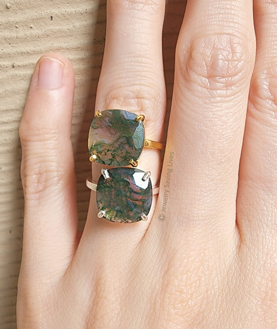 Large Statement Moss Agate Ring, Vintage Square Moss Agate Ring ...