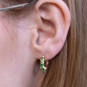 Emerald Hoop Earrings, Minimalist Hoop Emerald Earrings, 4 Stones, Natural Emerald Hoop Earrings ...