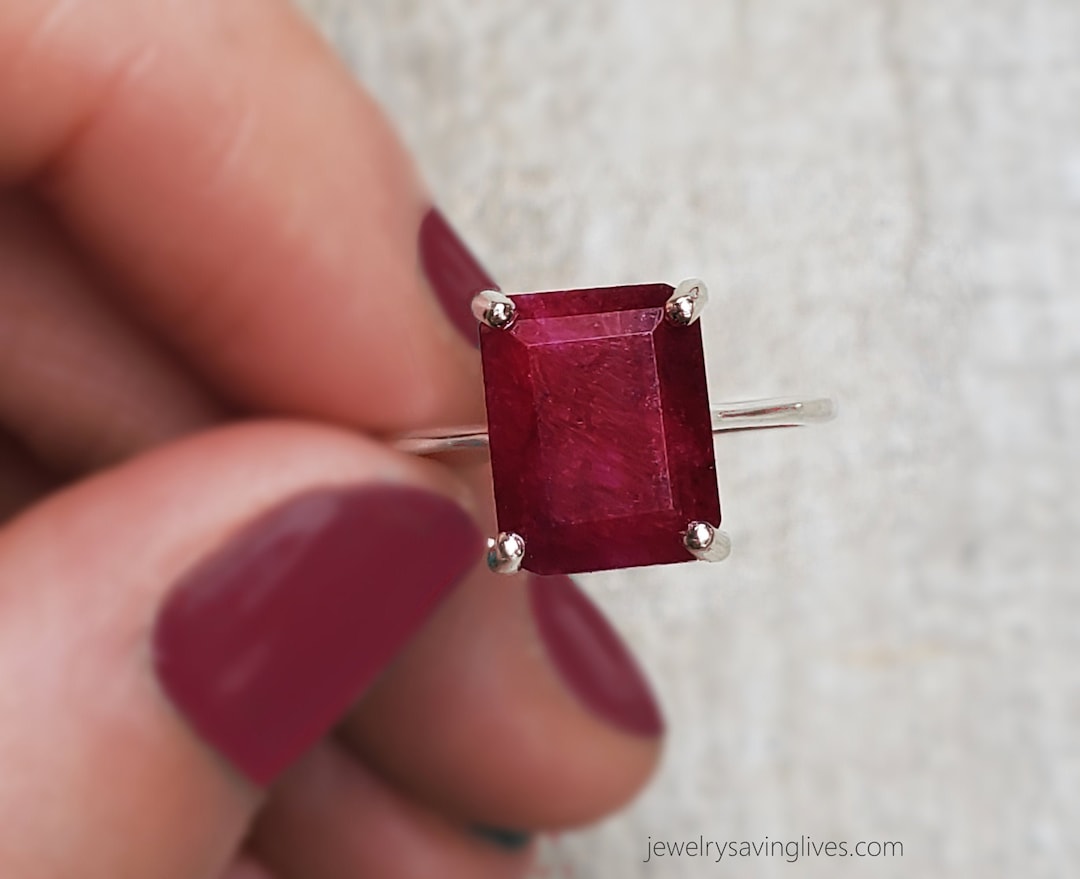 Emerald Cut Ruby Ring, Raw Ruby Ring in Sterling Silver, Ruby ...