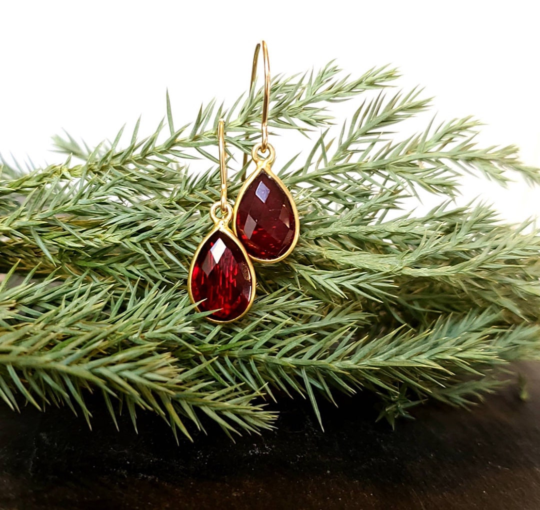 January Birthstone Earrings, January Garnet Dangle Earrings, Red Garnet ...