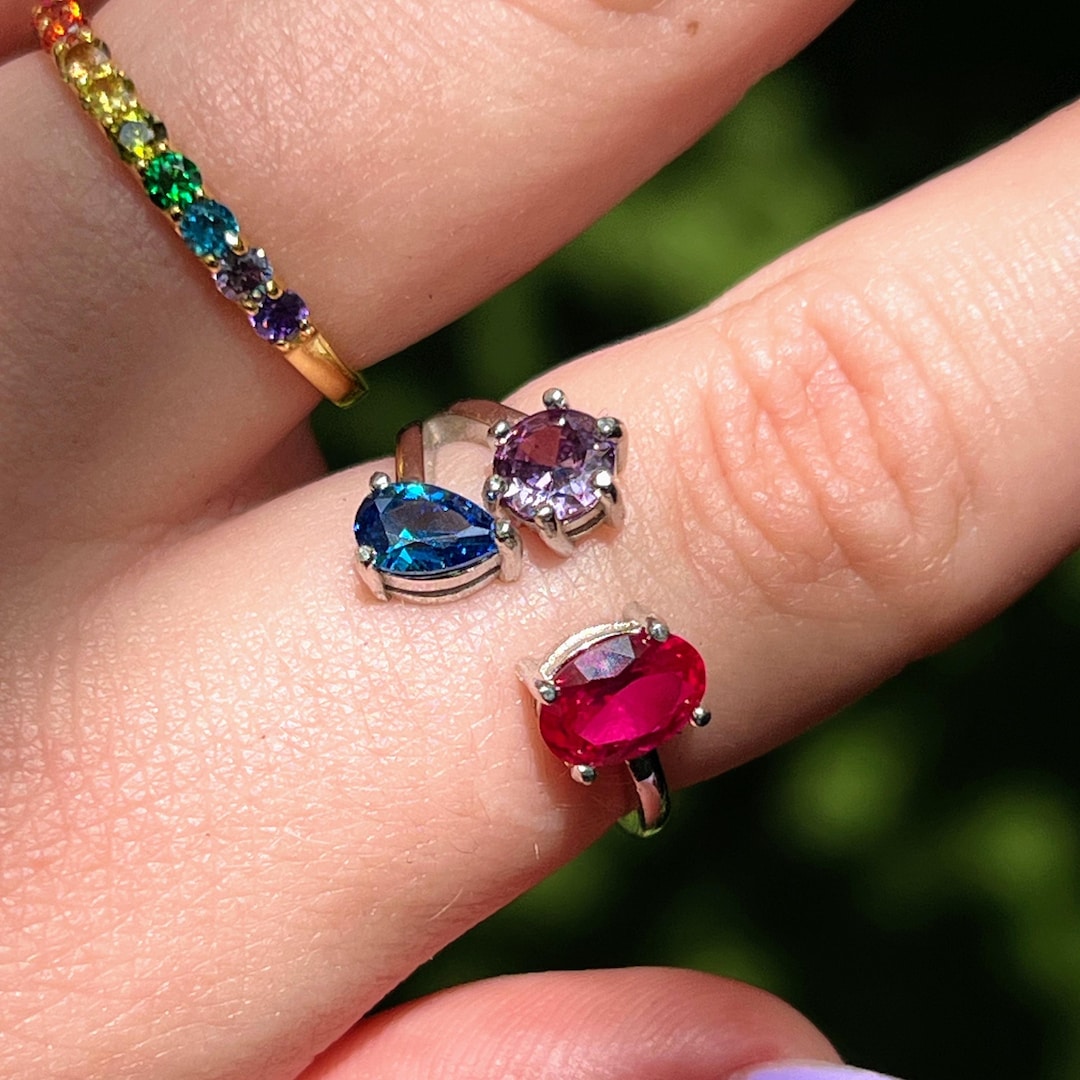 Bisexual 3 Stone Ring, Bi Pride Ring, Multi Shape Gemstone Ring, Teardrop Round Oval Unique ...