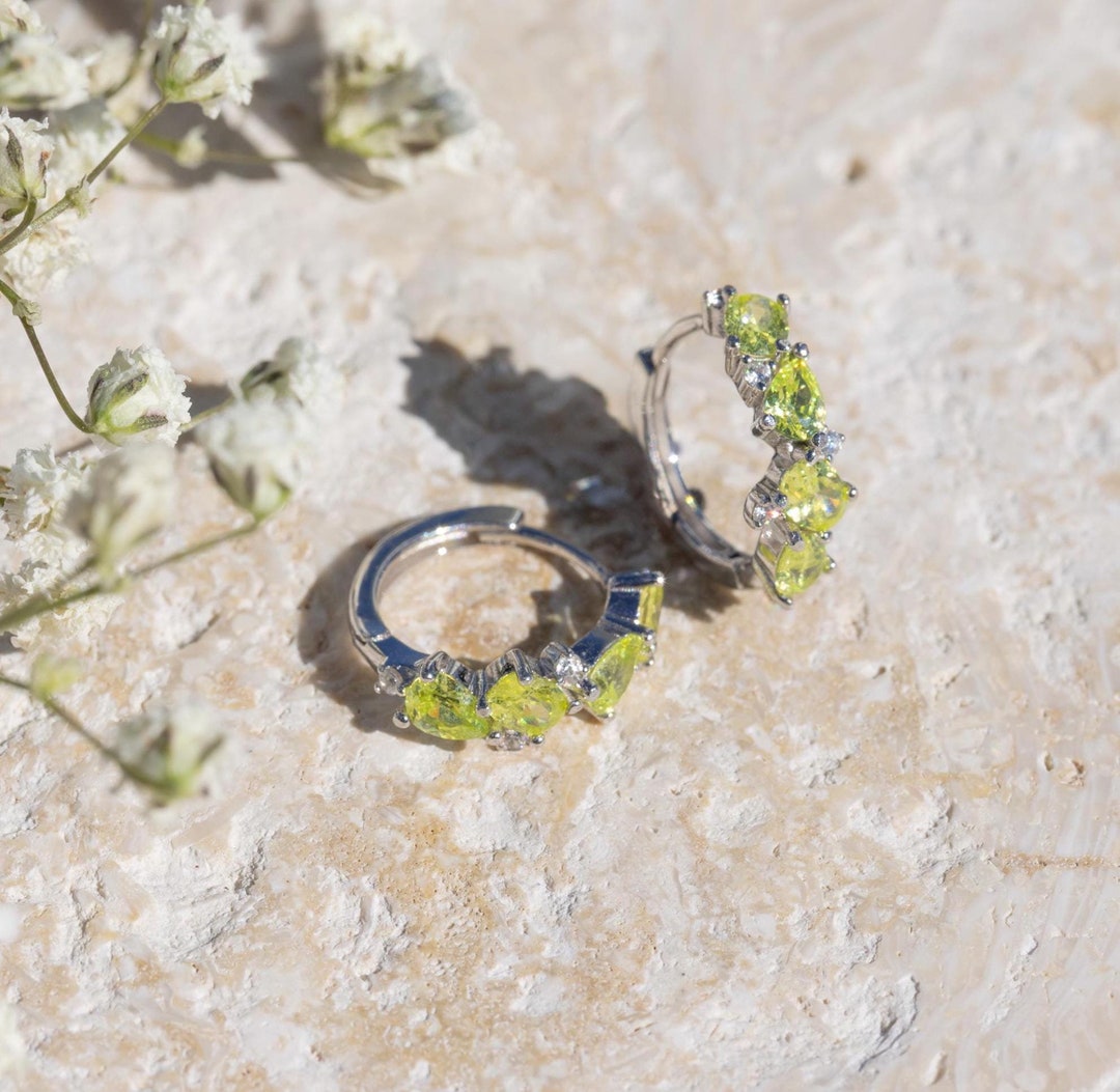 Peridot Hoop Earrings, Cluster Hoop Peridot Earrings in Yellow Gold ...