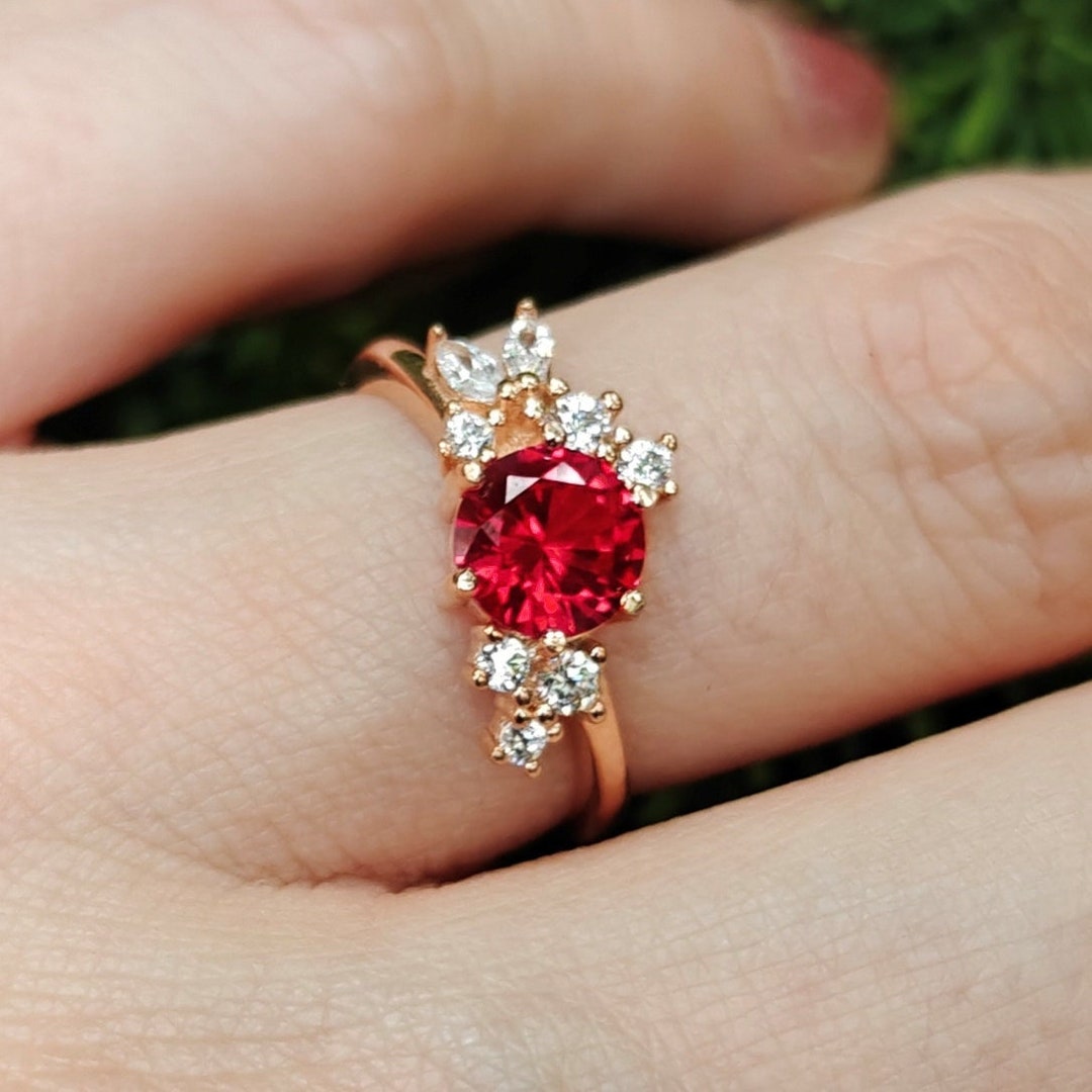 Ruby Ring, Vintage Red Ruby Ring, Cluster Brilliant Ruby Ring,round Red ...