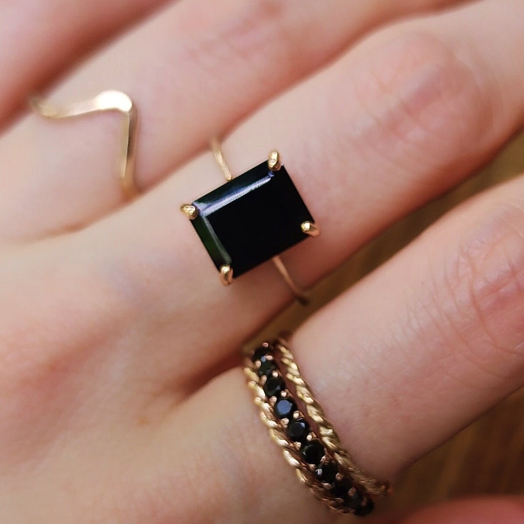 Onyx Ring, Raw Emerald Cut Black Onyx Ring Set in Sterling Silver, Onyx ...