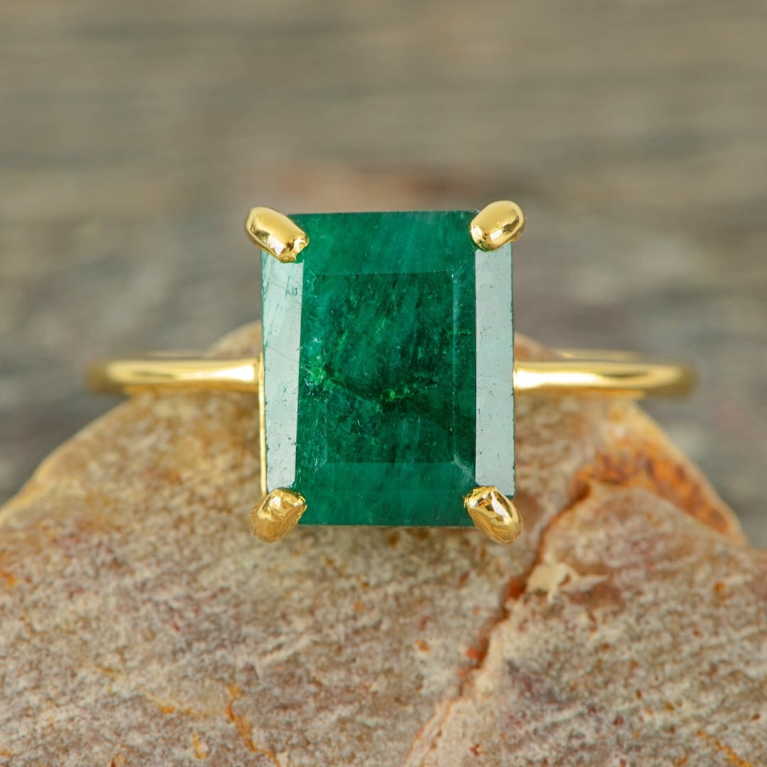 Emerald Cut Emerald Ring, Raw Natural Emerald Engagement Ring, Emerald ...