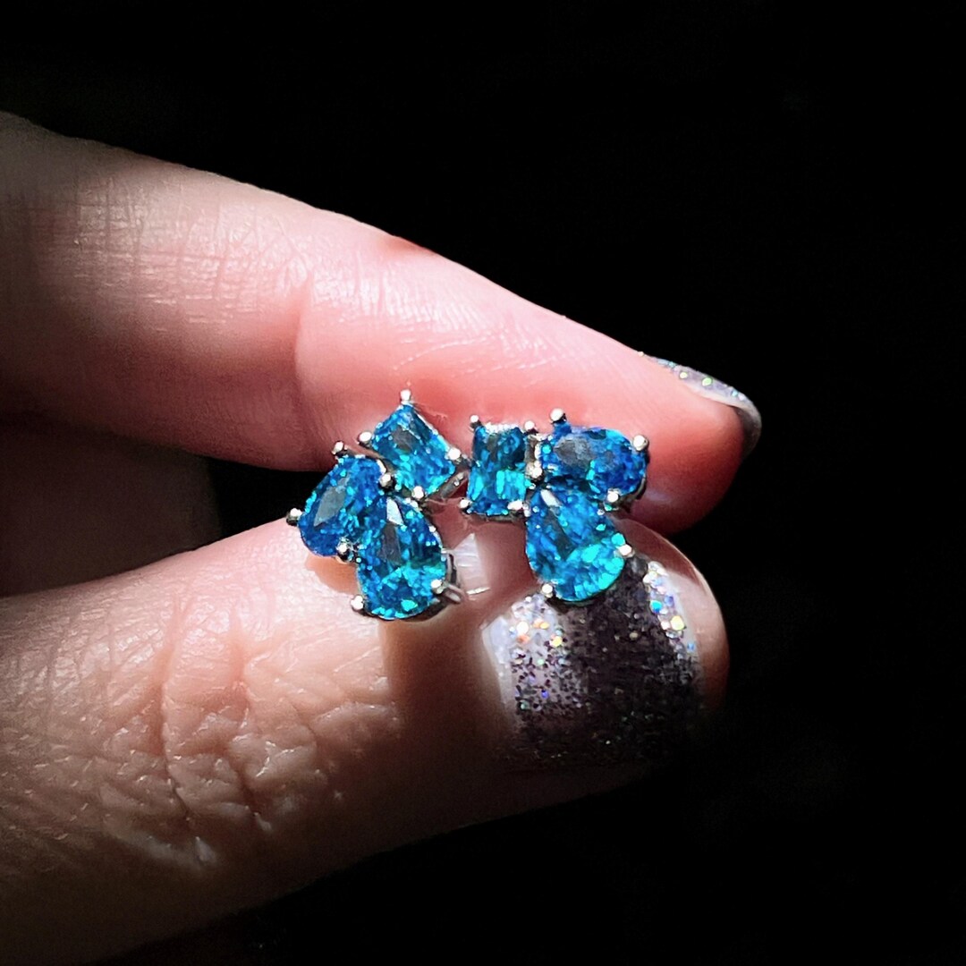 London Blue Topaz Cluster Stud, Statement Deep Bright Blue Earrings, 3 ...
