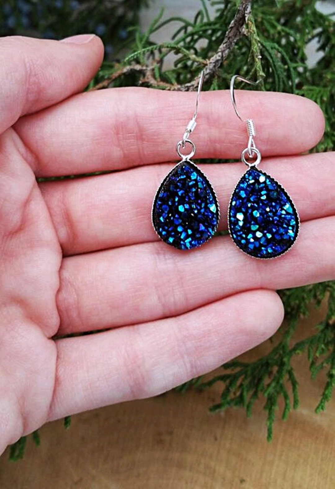 Deep Blue Druzy Teardrop Earrings, Large Blue Druzy Teardrop Dangle ...