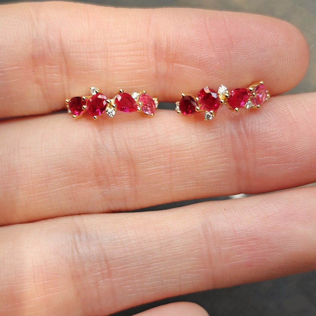 Ruby Hoop Earrings, Minimalist Hoop Ruby Earrings in Yellow Gold, Ombre ...