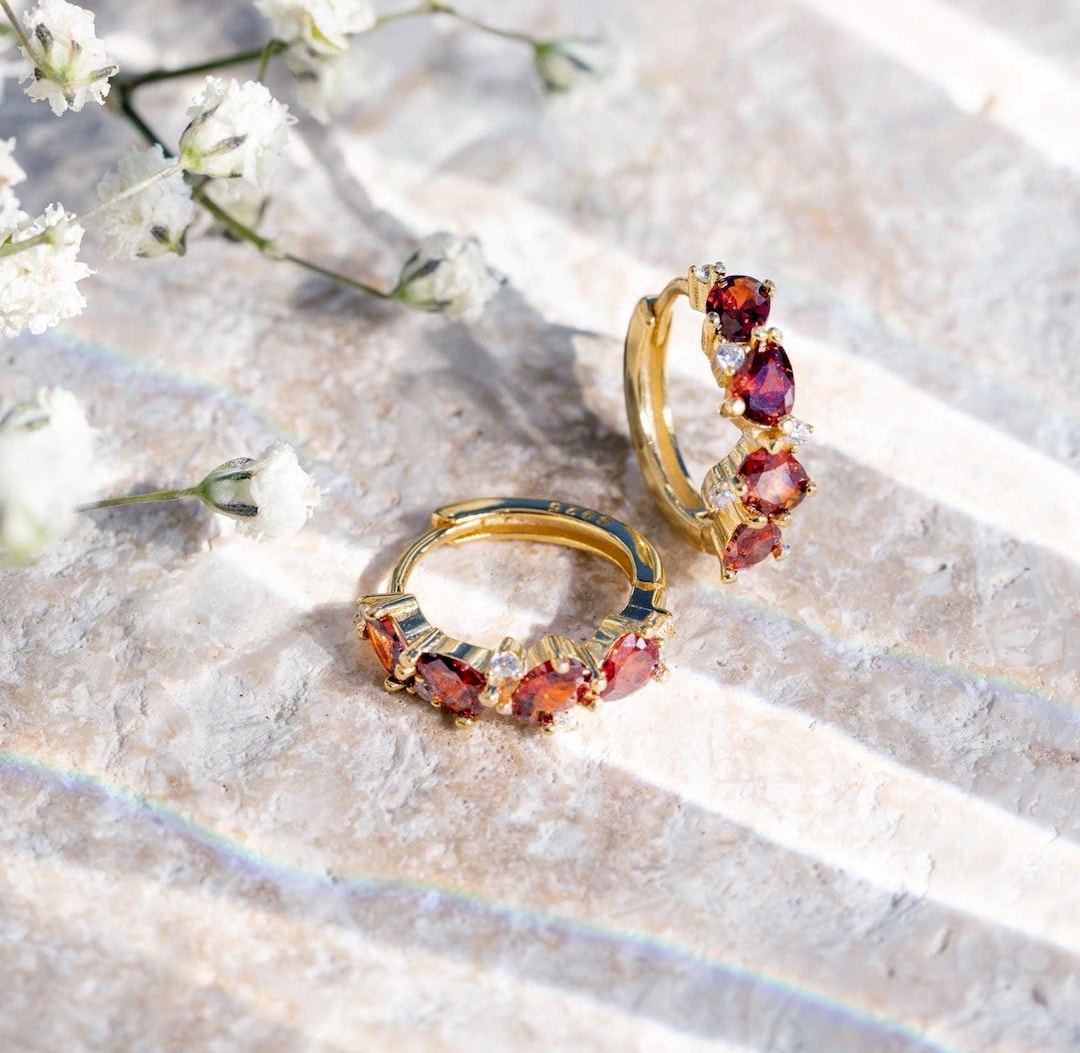 Garnet Hoop Earrings, Natural Red Garnet Multi-stone Hoops in Silver ...
