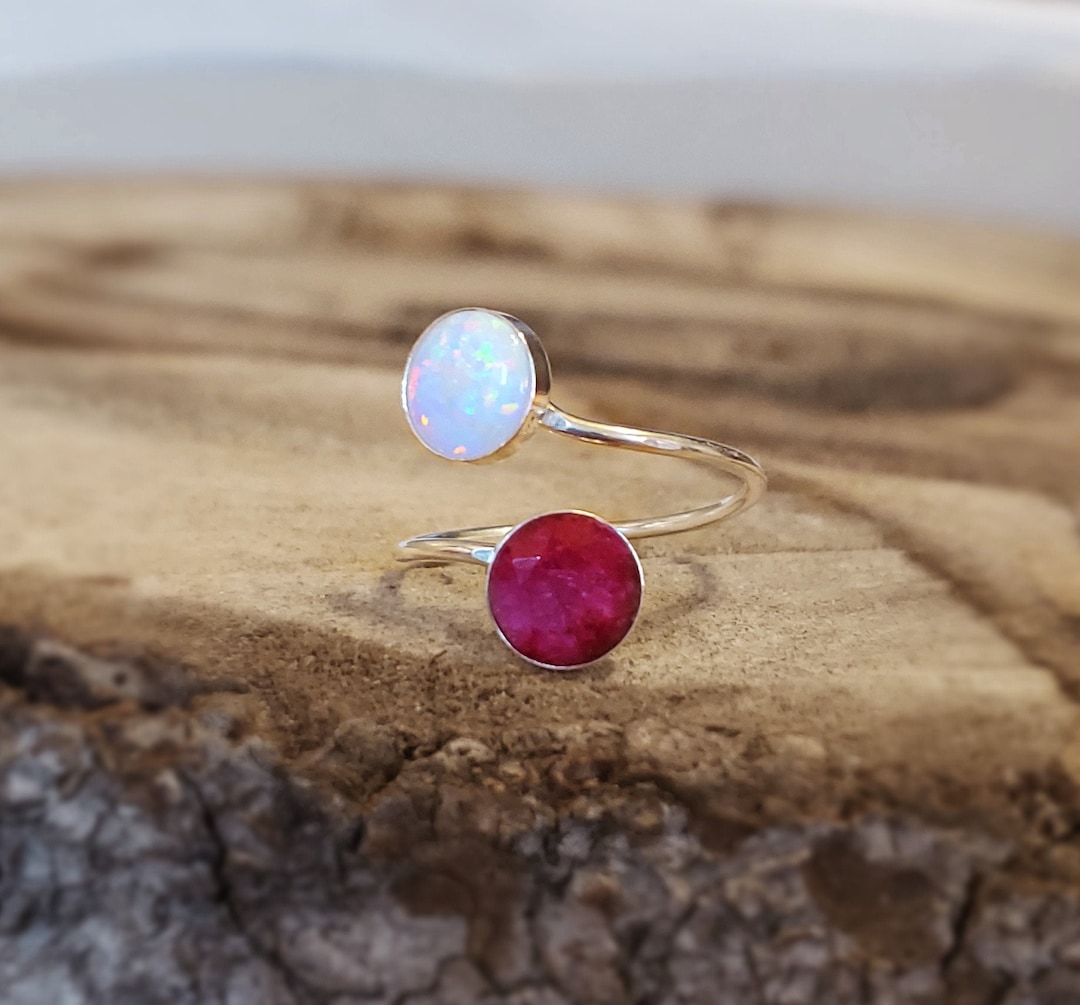 Ruby and Opal Ring, Raw Ruby and Fire Opal, Silver Double Stone Ring ...
