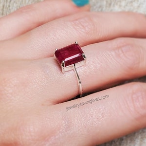 Emerald Cut Ruby Ring, Raw Ruby Ring in Sterling Silver, Ruby Engagement Ring, Ruby Rectangle ...