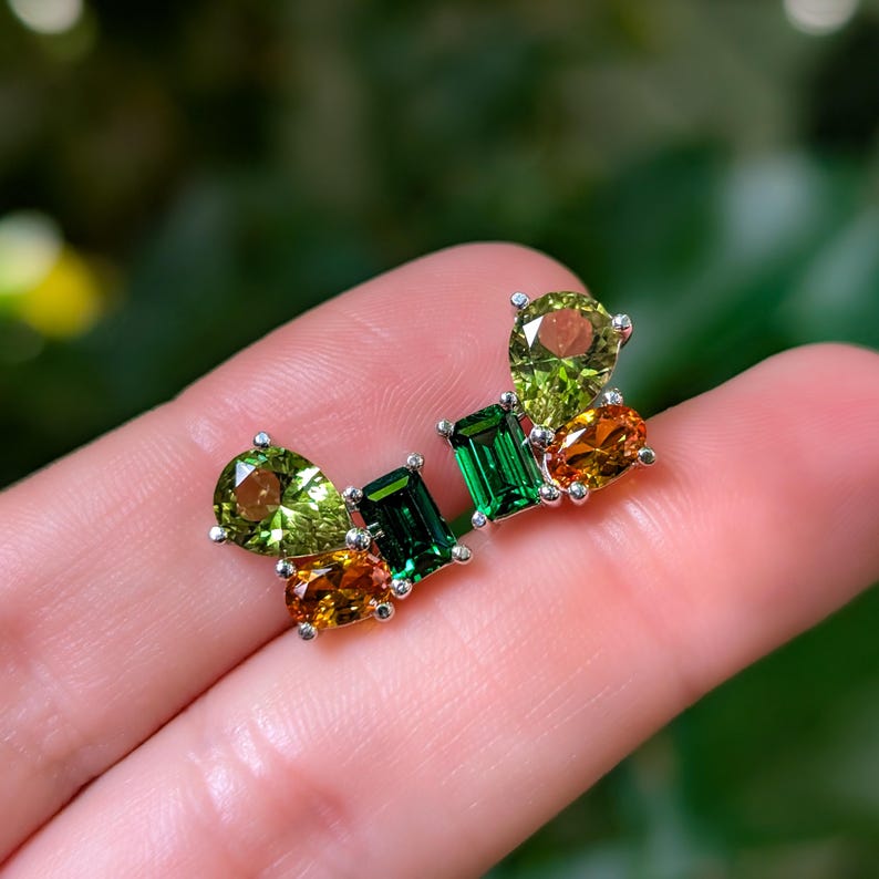 Autumnal Cluster Stud, Minimalist Stud Autumn Earrings, Peridot ...