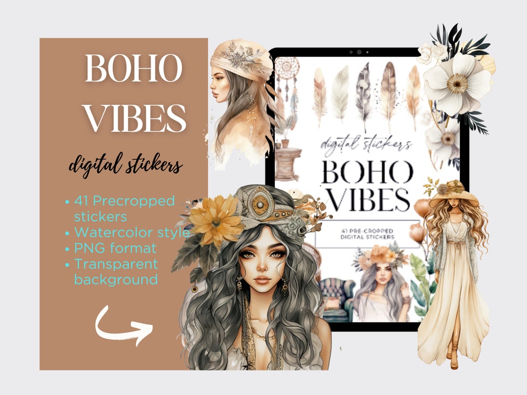 Boho Vibes 41 Pre-cropped Digital Stickers Automatic Download PNG ...
