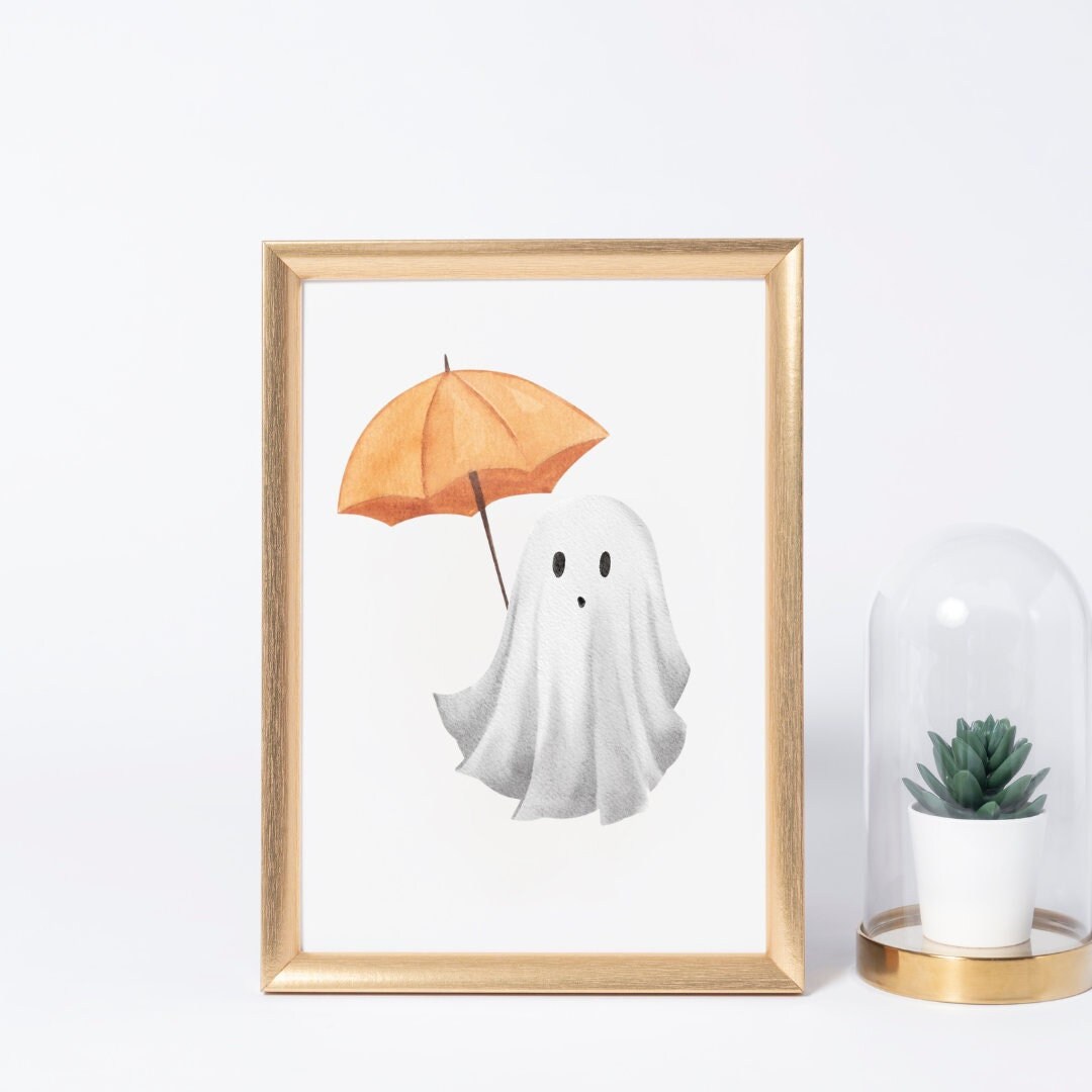 Fall Ghost, Cottage Art Print, Cute Halloween Art, Ghost Art, Pumpkins ...