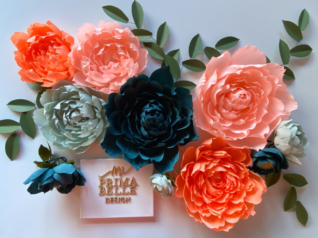 Sage Green Paper Flowers, Dark Teal Paper Flowers, Coral Crepe Paper ...
