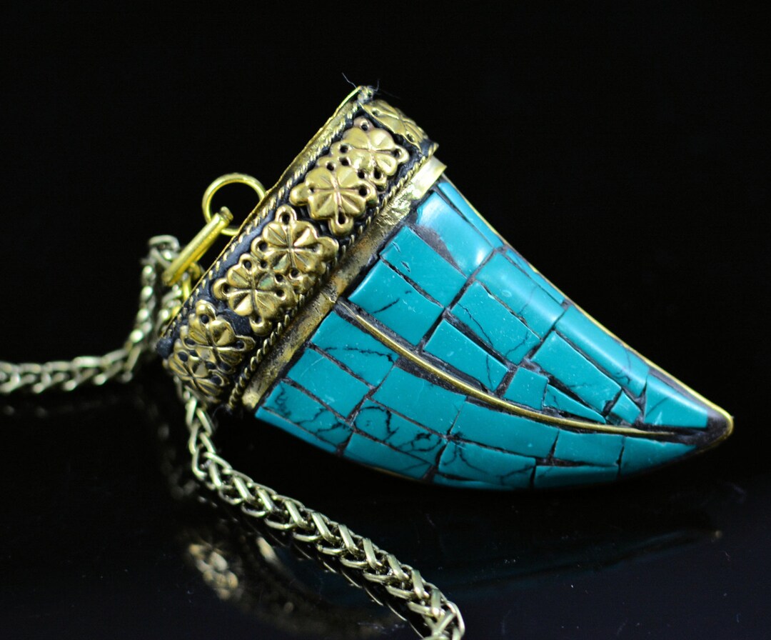 Nepali Necklace,dagger Shape Leaf Green Turquoise Pendant,tibetan ...