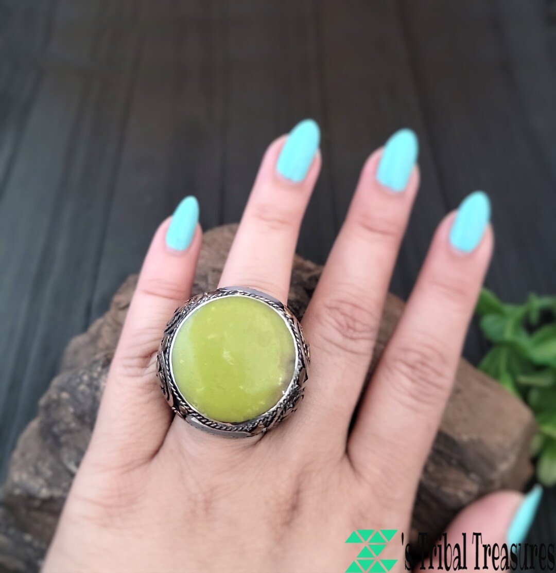 Turkmen Lime Green and Blue Enamel Stone Ring,kuchi Ring,gypsy Ring ...
