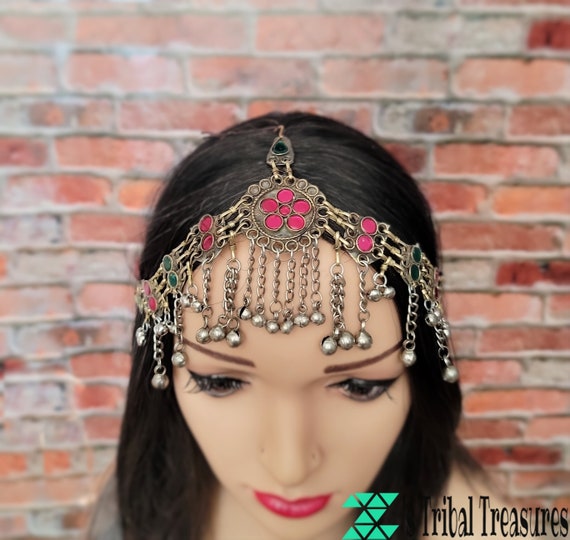 Hot Pink Tribal Forehead Band,Belly Dance Jewelry,Gyp… - Gem