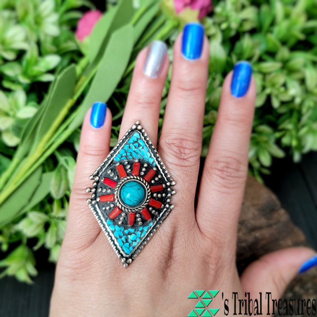 Nepalese Tibetan Ring,gypsy Rings,coral Ring,turquoise Ring,floral ...