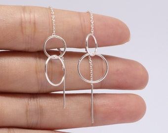 Open Circle Tiny Bar Sterling Silver Threader Earrings - Etsy