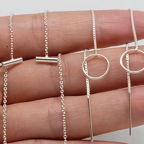 Open Circle Tiny Bar Sterling Silver Threader Earrings - Etsy