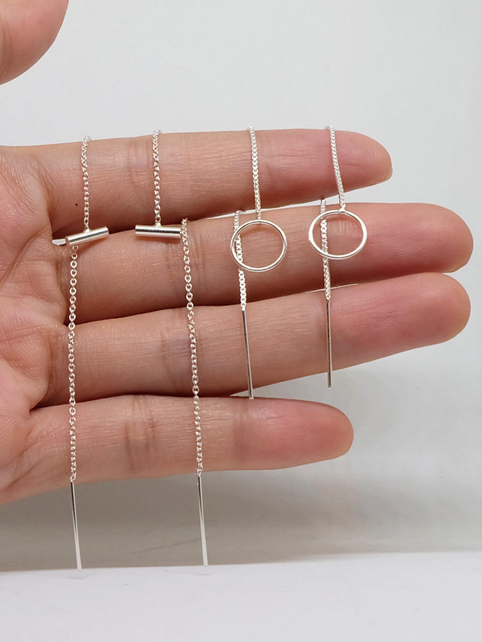 Open Circle Tiny Bar Sterling Silver Threader Earrings - Etsy