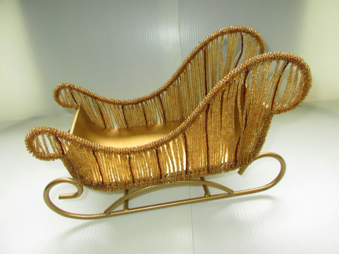 Vintage Heavy Beaded Gold Color Sleigh Centerpiece, Holiday Table Decor ...