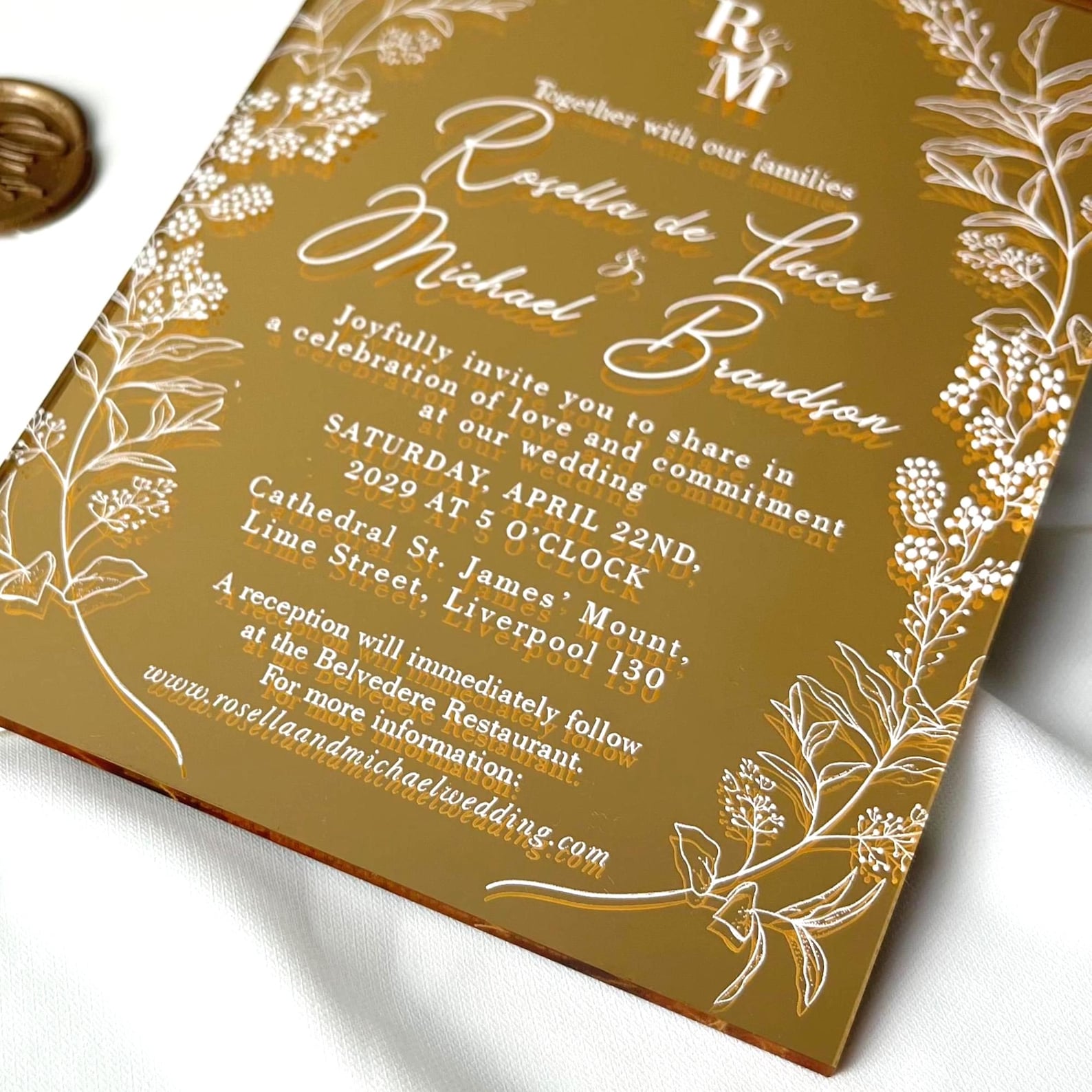 Gold Mirror Acrylic Wedding Invitation Set With Floral Design & Cream ...