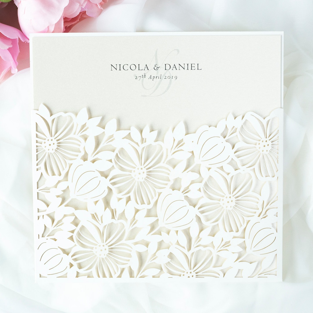 Pocketfold Invitation Floral Lace Wedding Invitation Light Cream Square ...