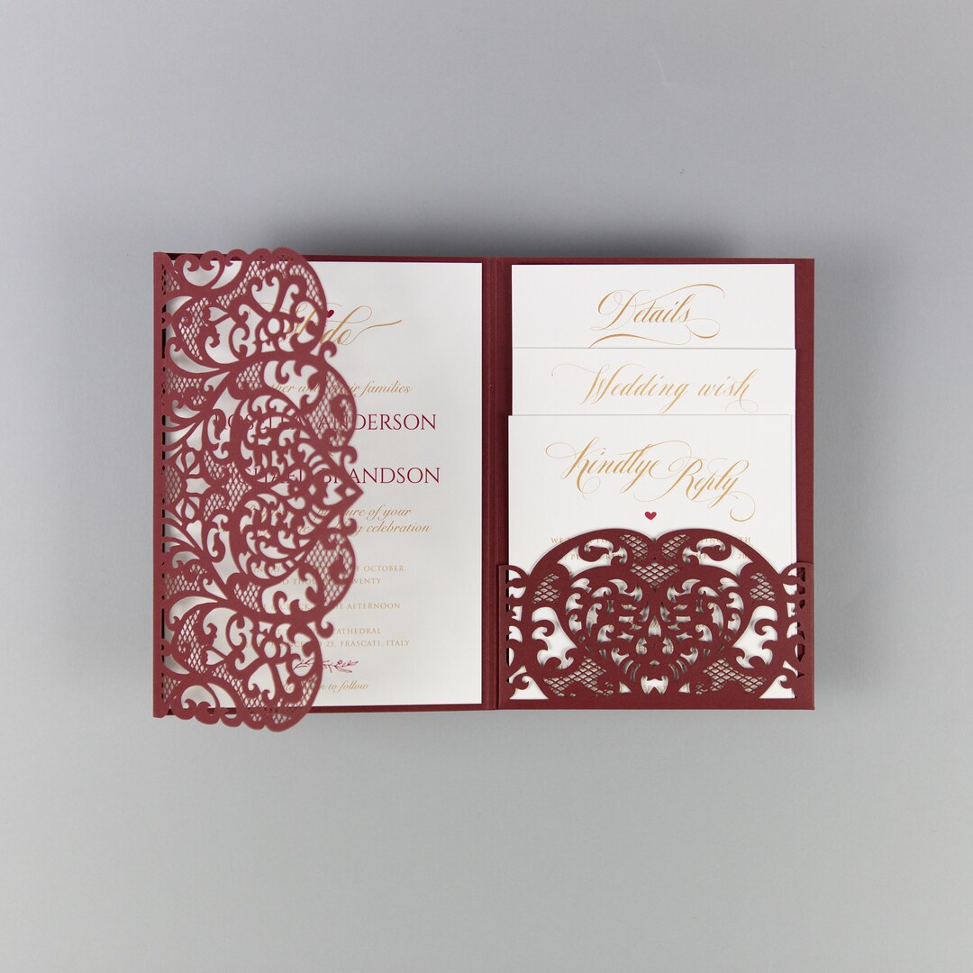 Beautiful Luxury Burgundy Laser Cut Wedding Invitations Folder ...