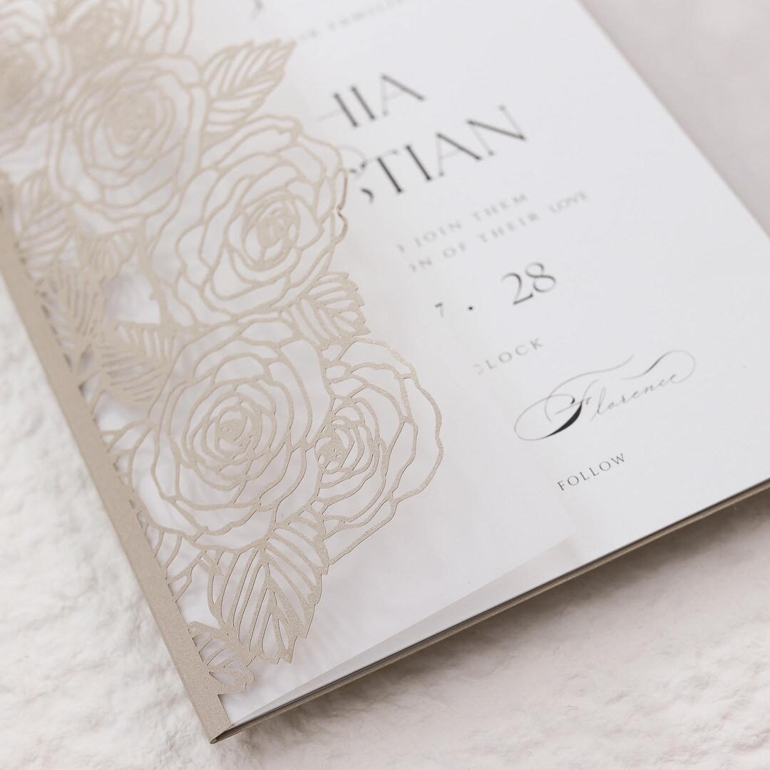 Laser Cut Cover With a Delicate Pattern of Roses | Floral Gate Fold ...