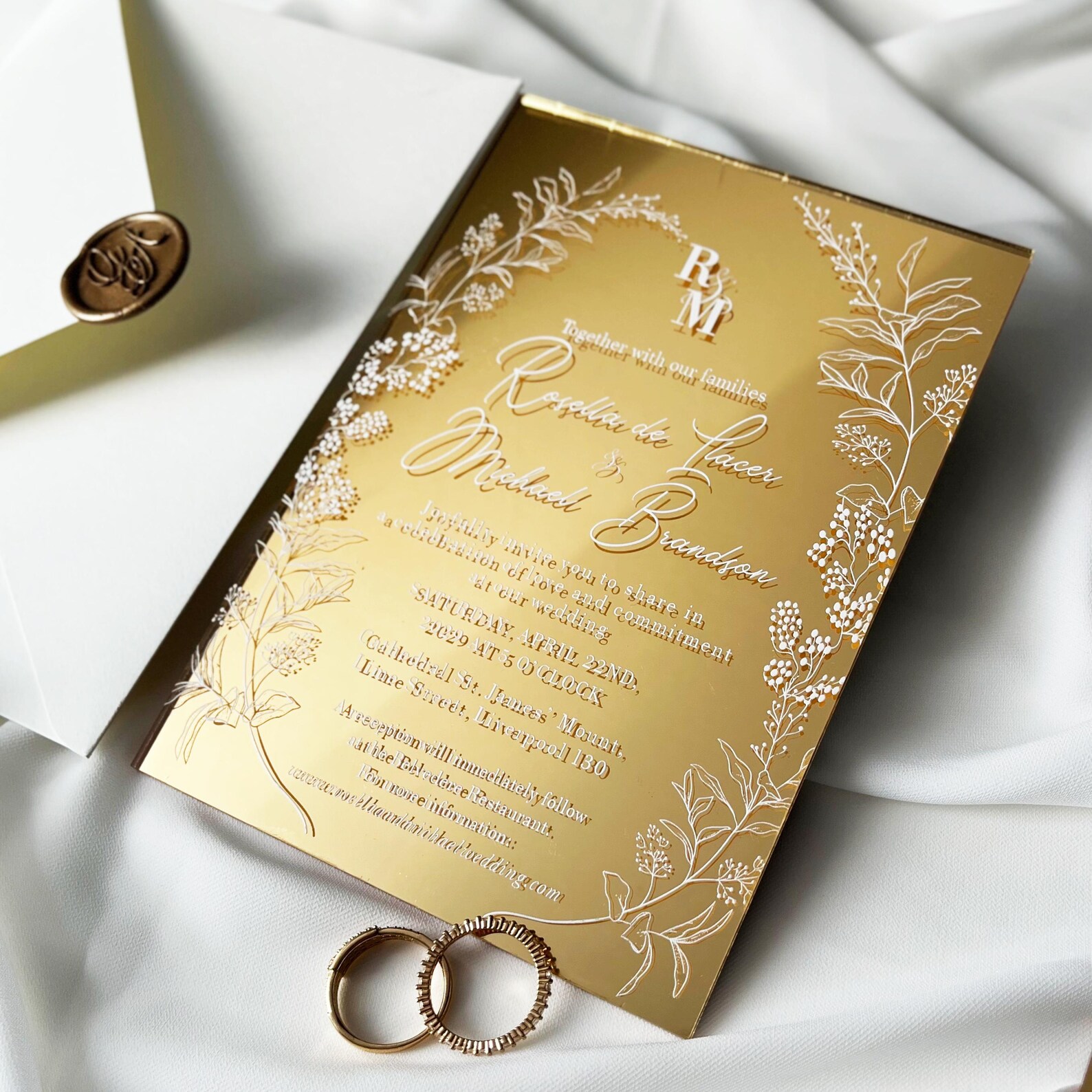 Gold Mirror Acrylic Wedding Invitation Set With Floral Design & Cream ...