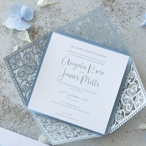 Light Blue Wedding Day Invitation, Laser Cut Wedding Cards + Envelope ...