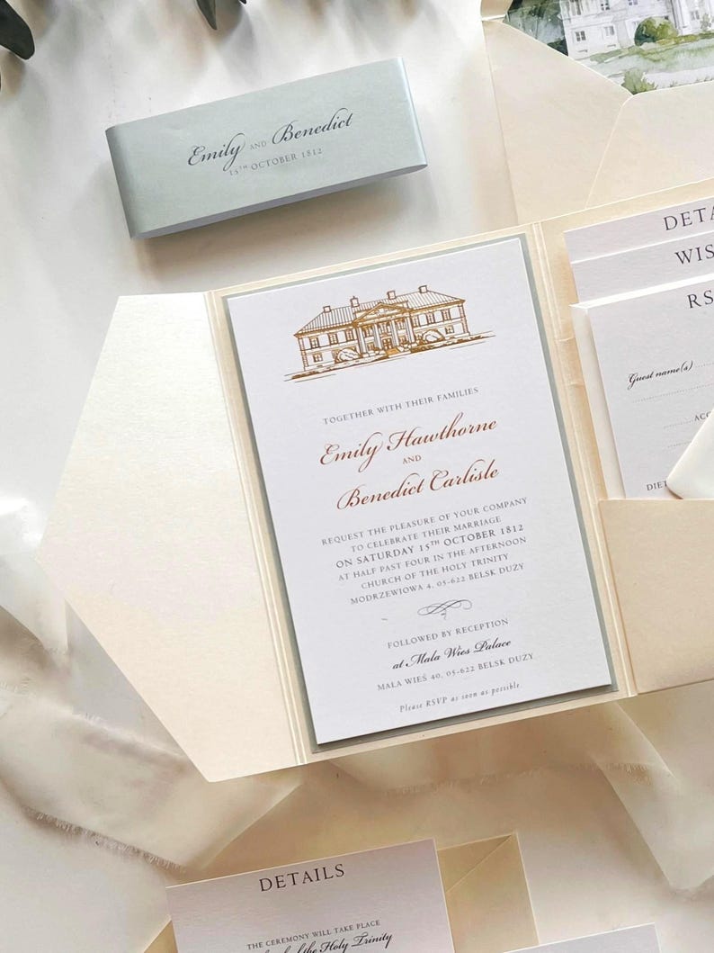 Wedding Venue Invitation Suite With Classic Tri-fold Pocket - Gold Foil ...