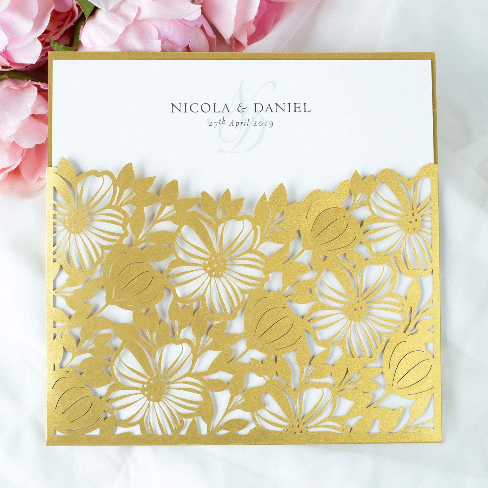 Gold Wedding Invitation Cards With Floral Square Lace Cover - Etsy