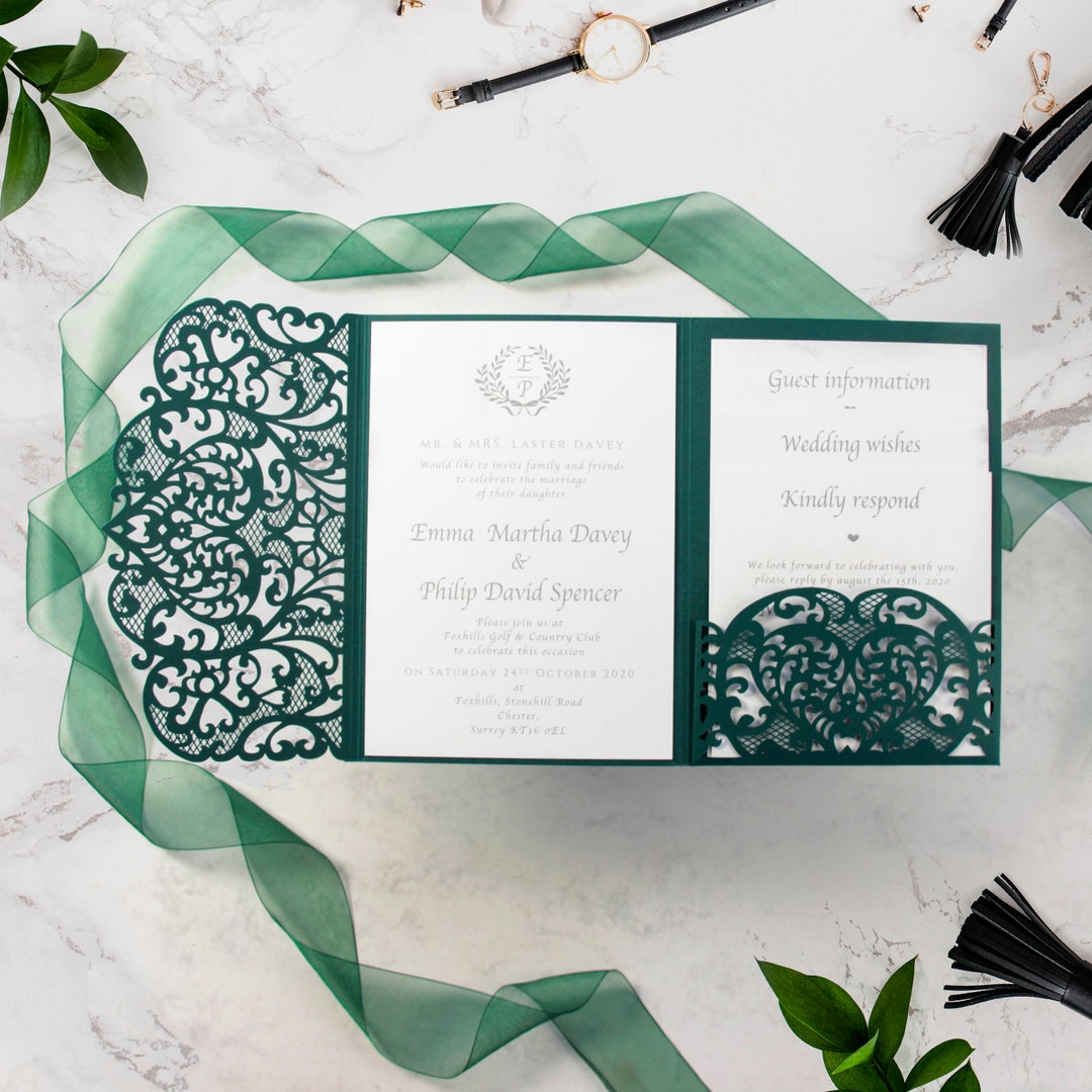 Wedding Invitation - Luxury Forest Green Wedding Invitation Set, 4 ...