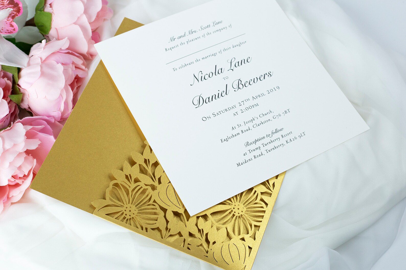 Gold Wedding Invitation Cards With Floral Square Lace Cover - Etsy