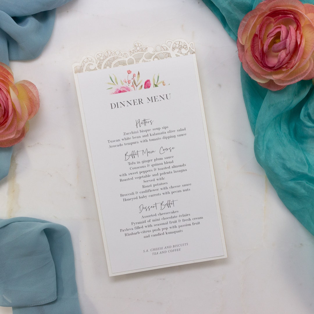 Delicate & Romantic Ecru Plate Menu With Laser Cut Details, Wedding ...