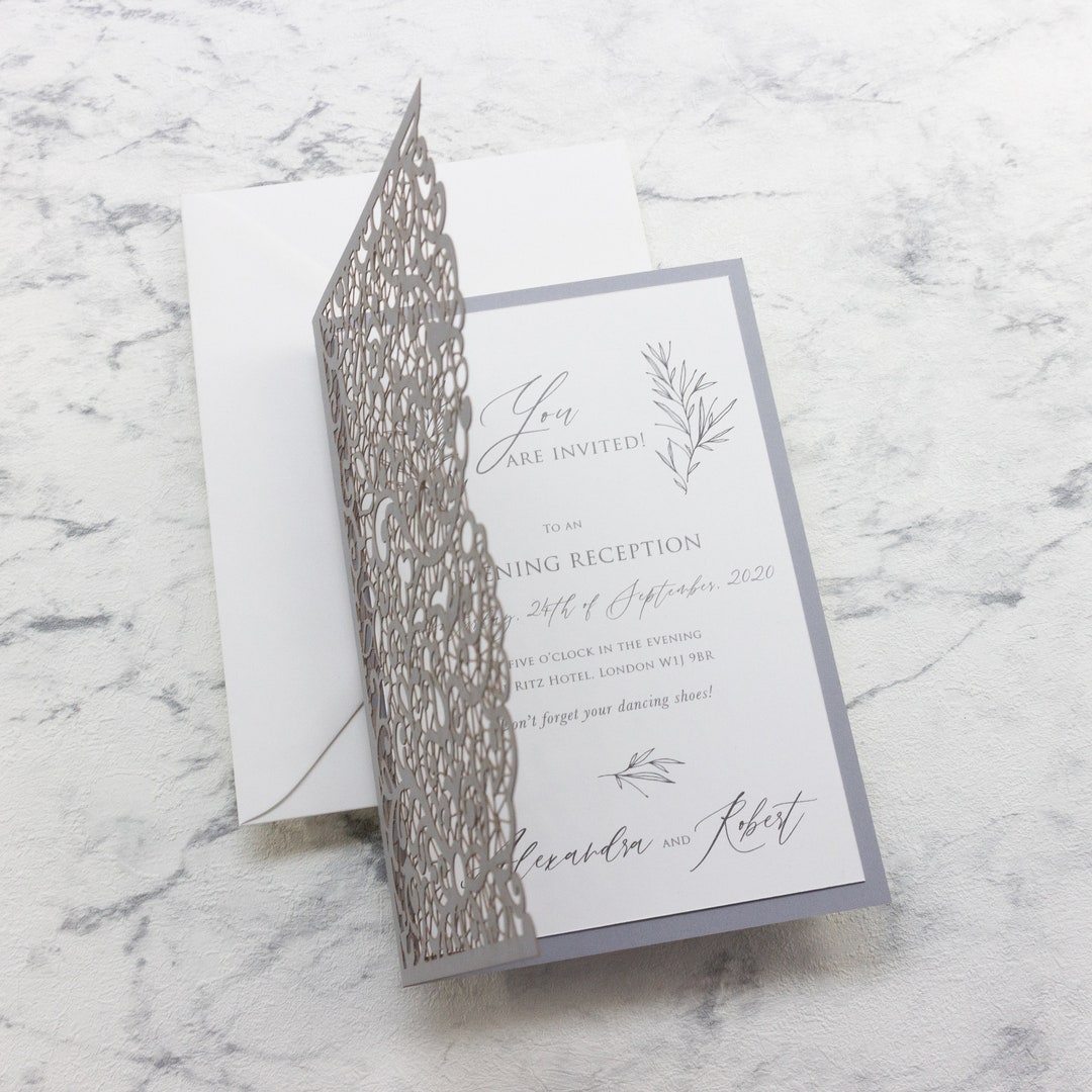 Luxury Evening Wedding Invitation Ash Grey Pocketfold Personalised ...