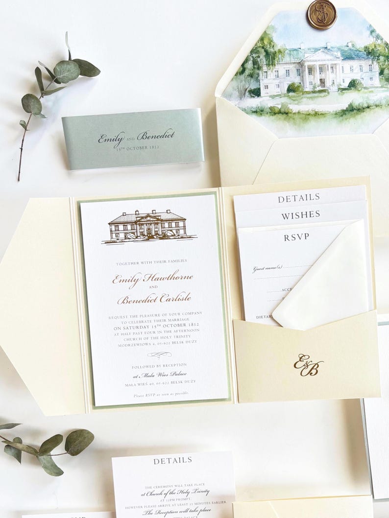 Wedding Venue Invitation Suite With Classic Tri-fold Pocket - Gold Foil ...
