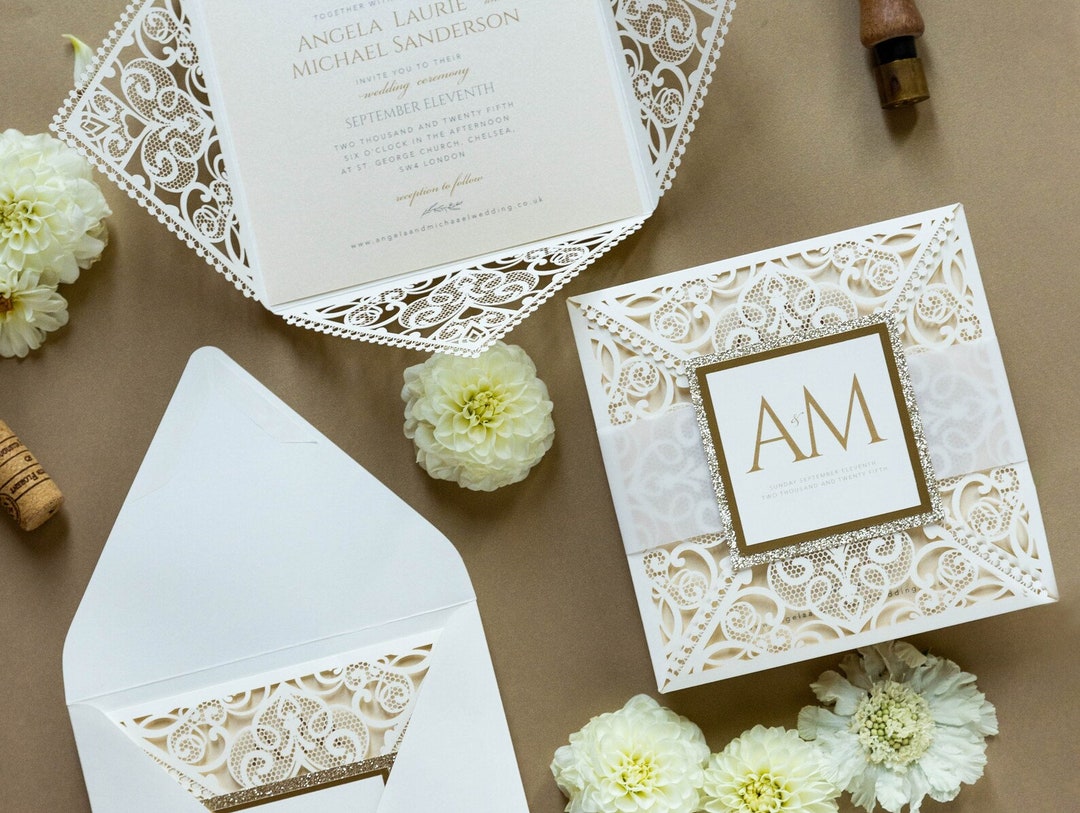 DO IT YOURSELF, Elegant Cream Wedding Invitations With Gold Glitter and ...