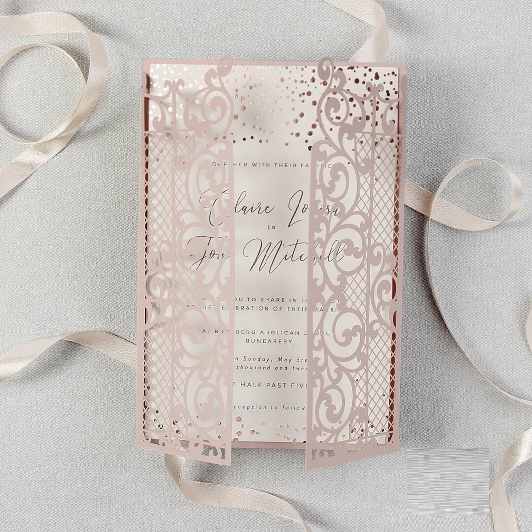Gorgeous Ornamental Pink Gate Laser Cut Invitations With Rose Gold Foil ...