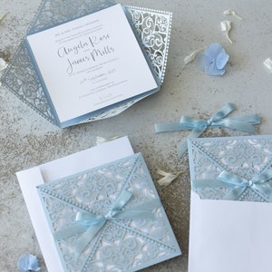 Light Blue Wedding Day Invitation, Laser Cut Wedding Cards + Envelope ...