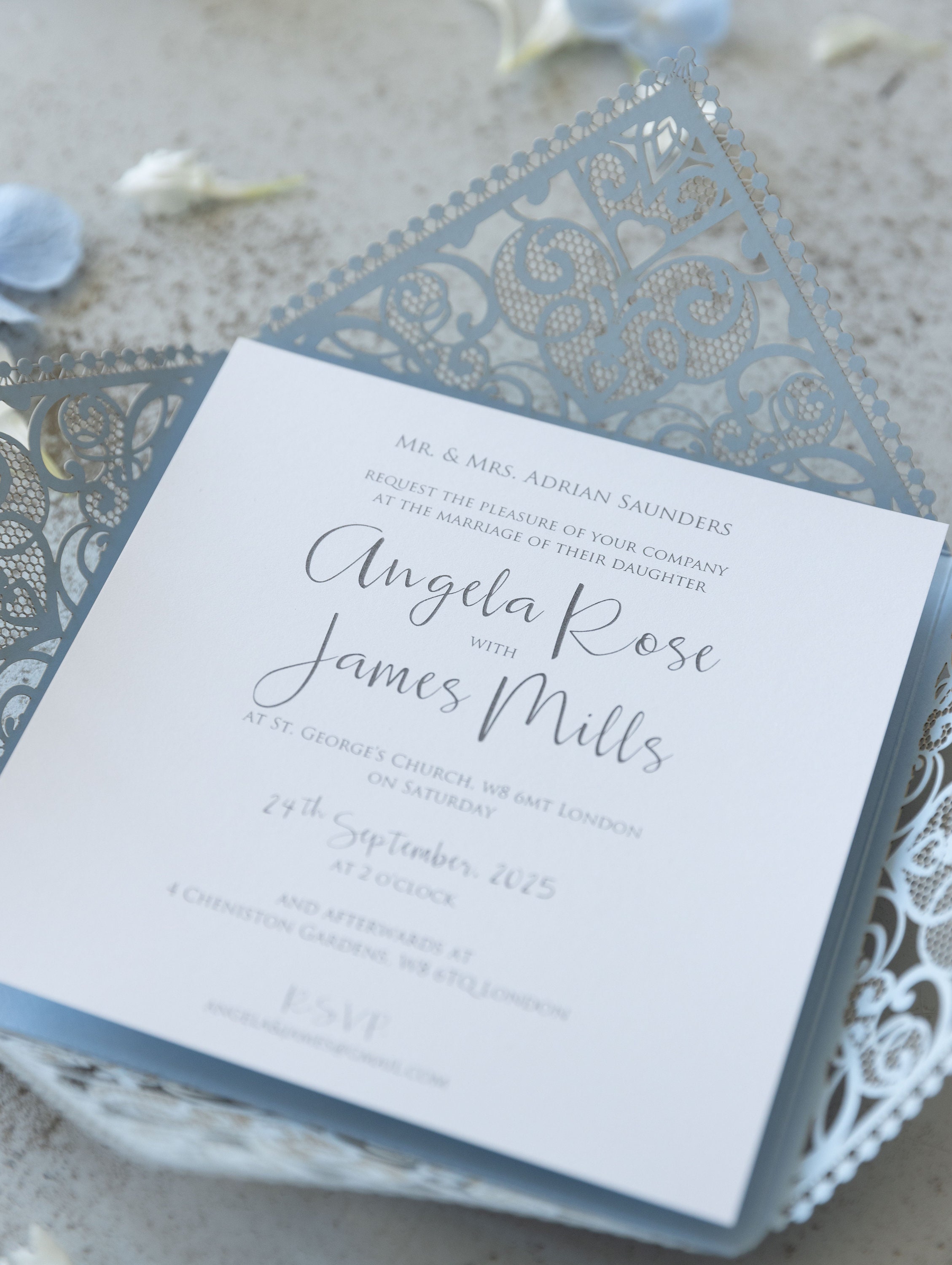 Light Blue Wedding Day Invitation, Laser Cut Wedding Cards + Envelope ...