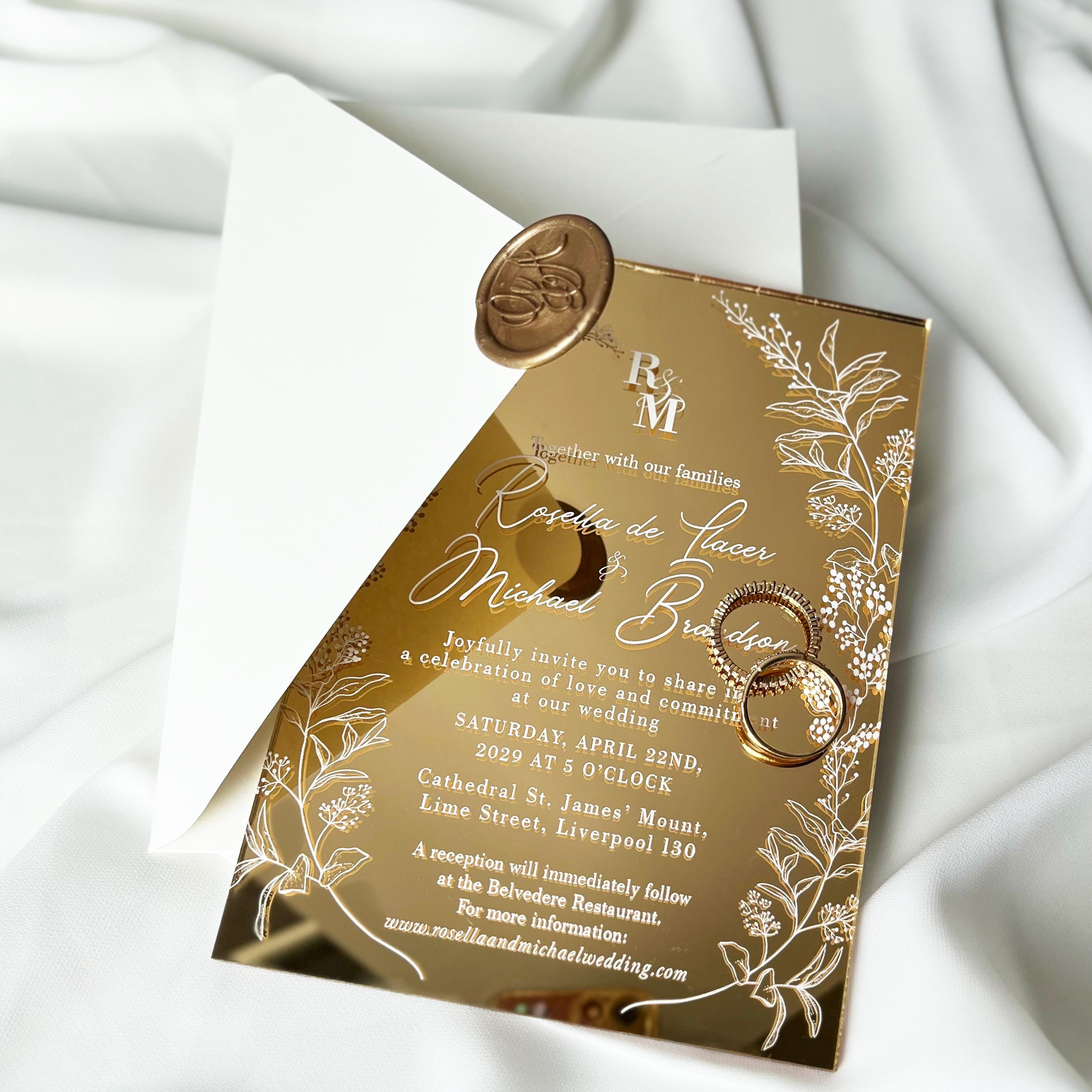 Gold Mirror Acrylic Wedding Invitation Set With Floral Design & Cream ...